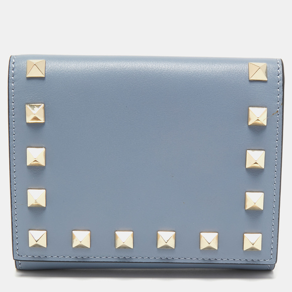 Valentino | Bags | Valentino Light Blue Leather Rockstud Trifold Wallet ...
